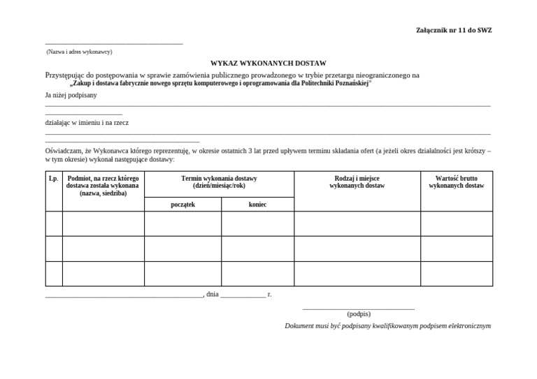 Zaˆ¥cznik nr 11 WYKAZ DOSTAW | PDF