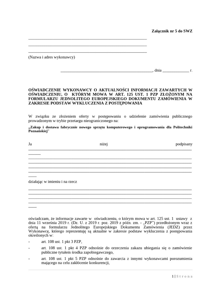 Za Cznik NR 5 o Wiad Wyk o Aktualno Ci Inf Zawart W o Wiadczeniu | PDF