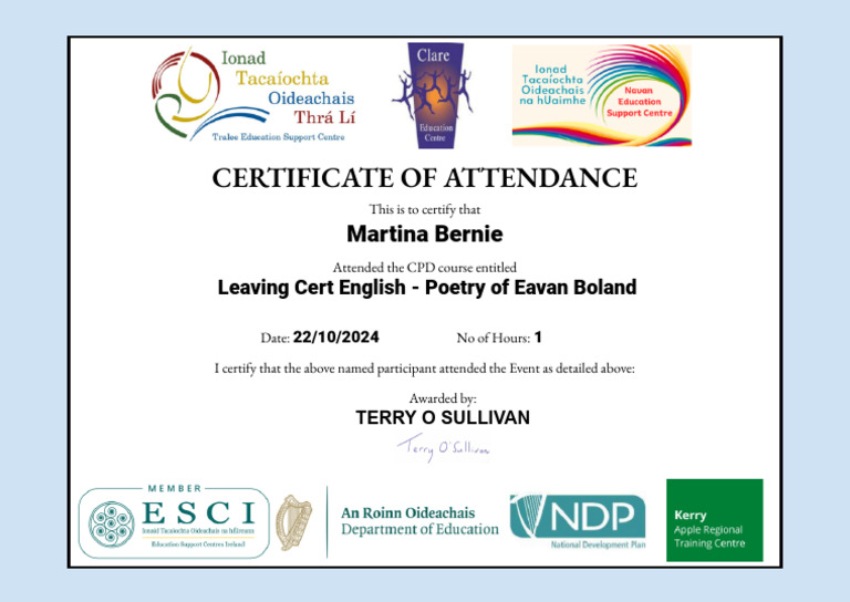 Leaving Cert English - Poetry of Eavan Boland Certificate - Martina Bernie | PDF