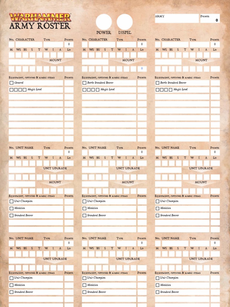 Warhammer Roster Sheet | PDF