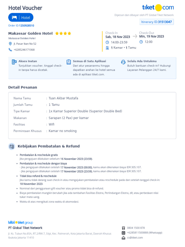 Hotel E-Voucher - Order ID 1250928510 | PDF