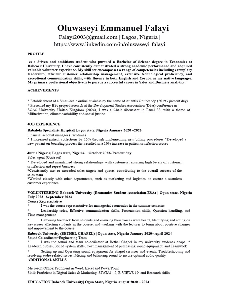 Falayi Oluwaseyi Emmanuel Resume's 2 - 051046 4 (1) - Compressed | PDF ...