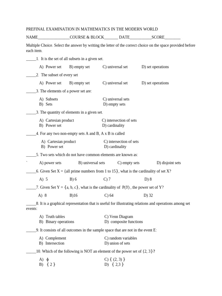 MMW prefinals | PDF | Set (Mathematics) | Function (Mathematics)