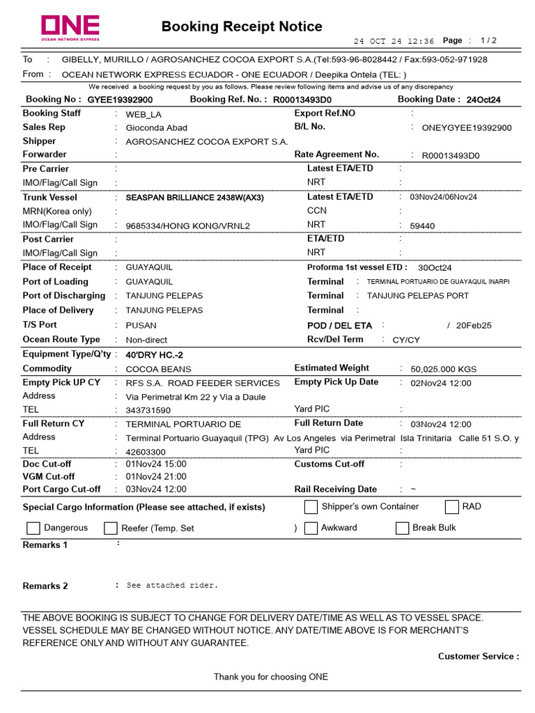 Cocoa Export Booking Confirmation | PDF | Cargo | Water Transport