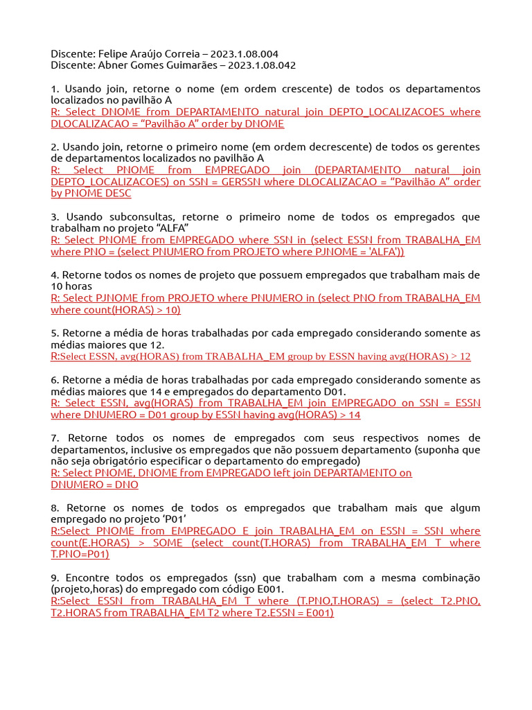 Exercícios SQL - Felipe Correia e Abner Guimarães | PDF | Xadrez