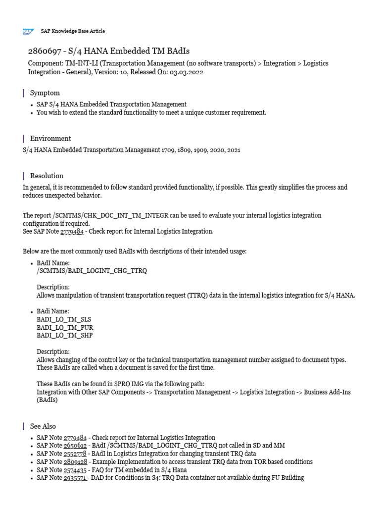 SAP TM BADis SAP Note 2860697 | PDF | Logistics | Computer Programming