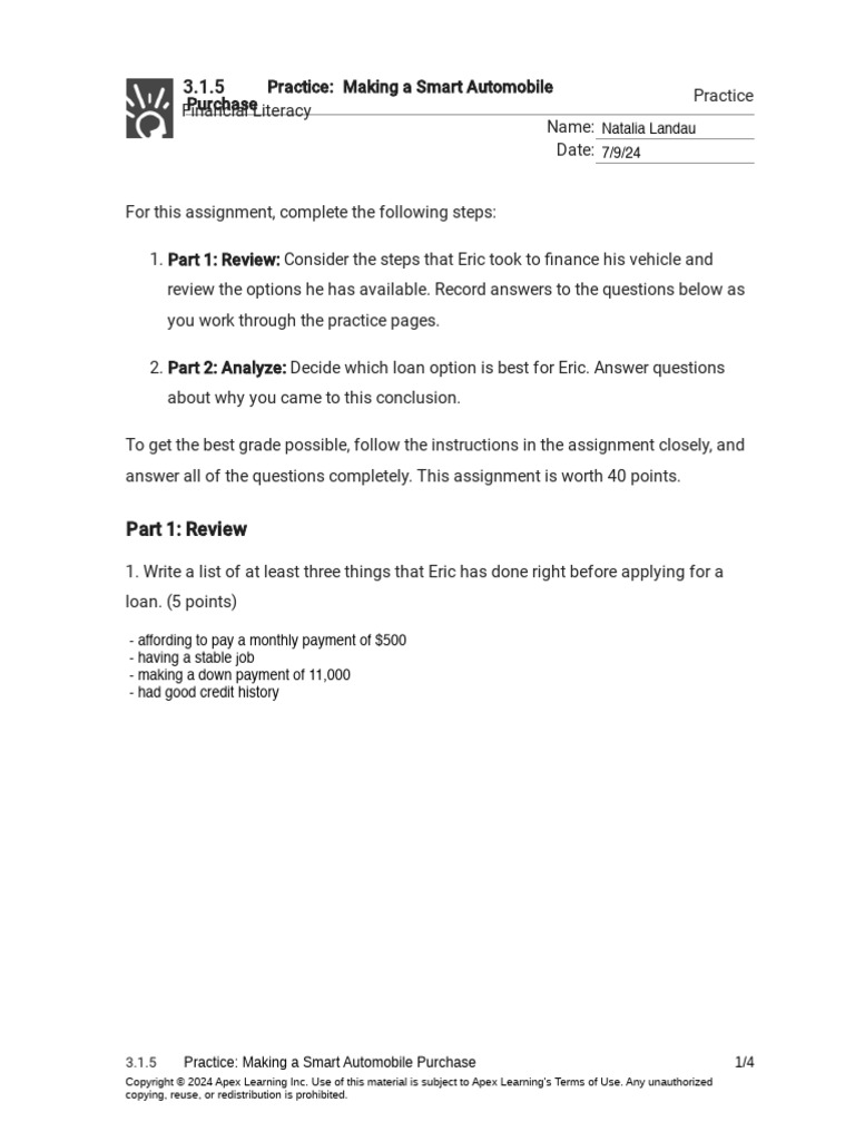 3.1.5 Practice - Making A Smart Automobile Purchase (Practice) | PDF ...