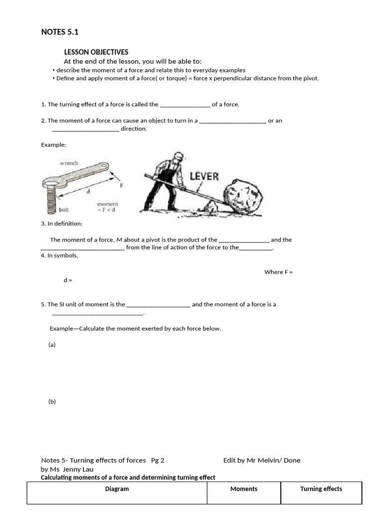 4th Form Physics Worksheet_moments | PDF | Force | Center Of Mass