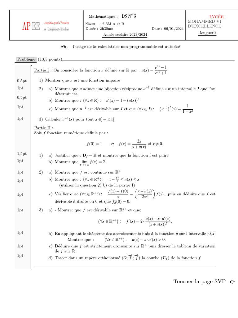 DS Mathématiques 2 SM A/B - Jan 2024 | PDF | Fonction monotone ...