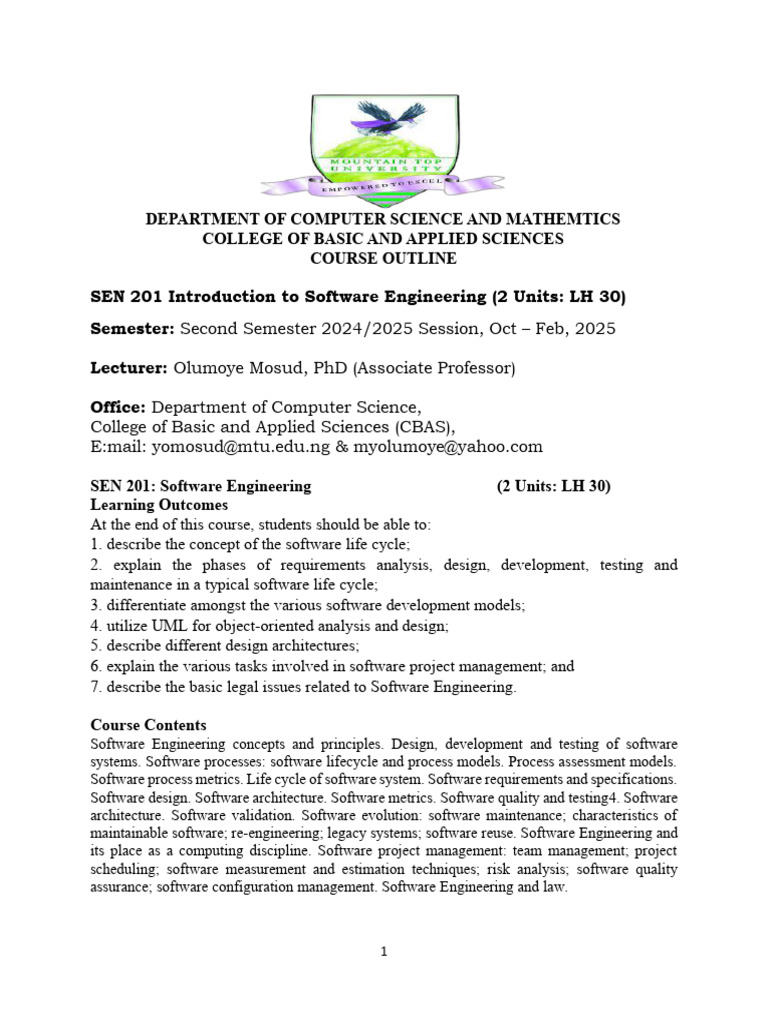 SEN 201 Software Engineering Course Outline | PDF | Software Testing ...