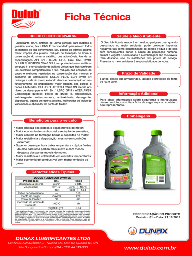 FLUIDTECH 5W40 - Ficha Técnica | PDF | Óleo de motor