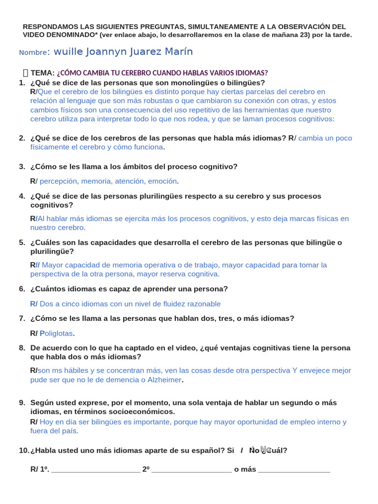 PREGUNTAS ACTIVIDAD TEXTO Linguistica 3 U3.cerebro 2 | PDF | Multilingüismo | Aprendizaje