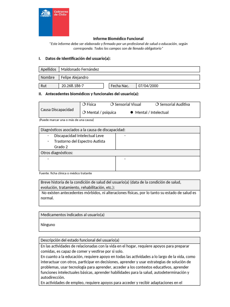 Informe Biomedico Funcional | PDF | Discapacidad intelectual | Invalidez