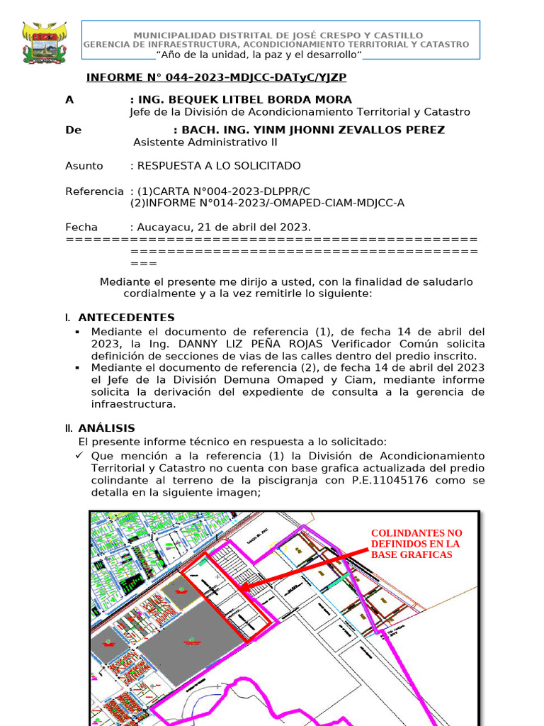 Informe 044 Informacion Solicitado Danny Liz Peña Rojas Si Su Terreno Tiene Base Grafica | PDF