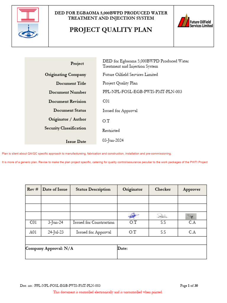 PPL-NPL-FOSL-EGB-PWIS-PMT-PLN-003 - Project Quality Plan - C01 | PDF | Verification And ...