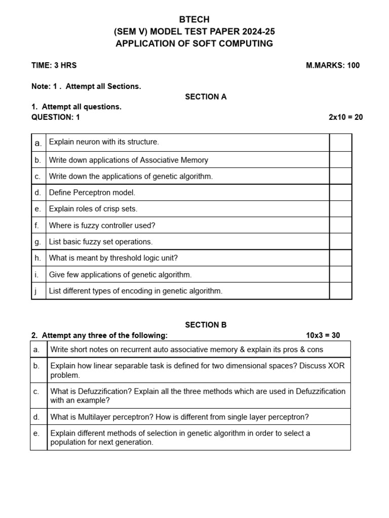 BTech Soft Computing Exam Guide | PDF | Fuzzy Logic | Algorithms