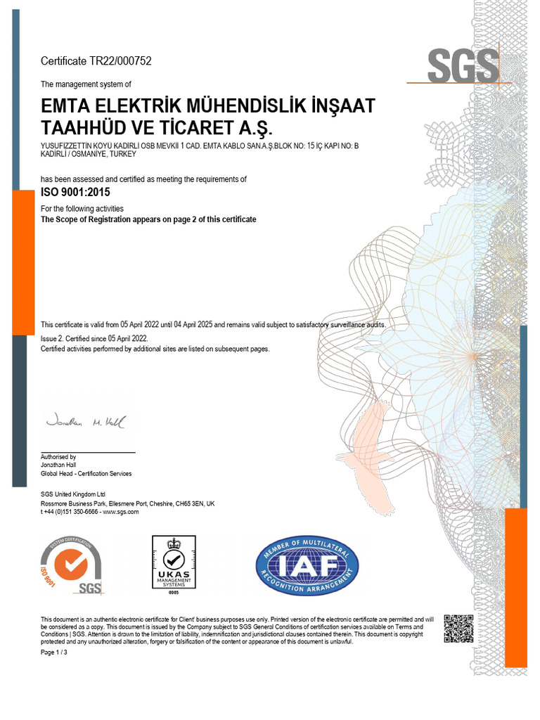 EMTA-ELEKTRIK-ISO-9001-2015-UKAS | PDF | Electric Power Distribution ...