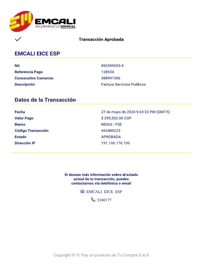 Pago Emcali Abril - Mayo 2024 | PDF