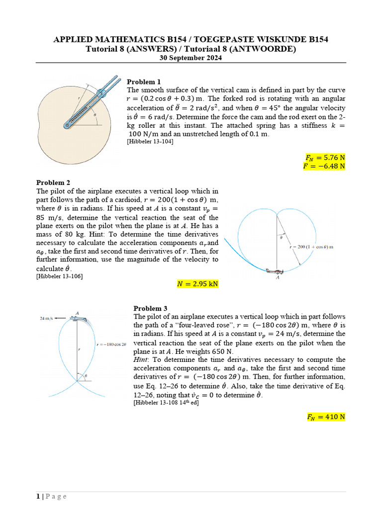 TWB154 Tut8 2024 Problems With Answers | PDF | Force | Acceleration