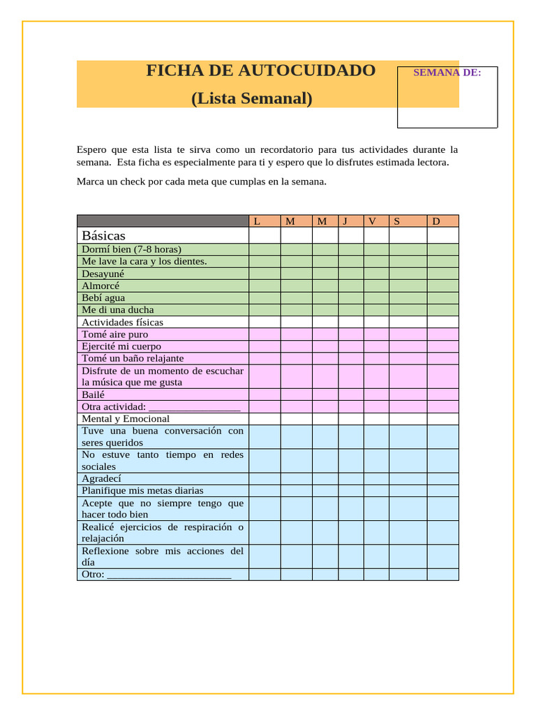 Ficha de Autocuidado Semanal | PDF