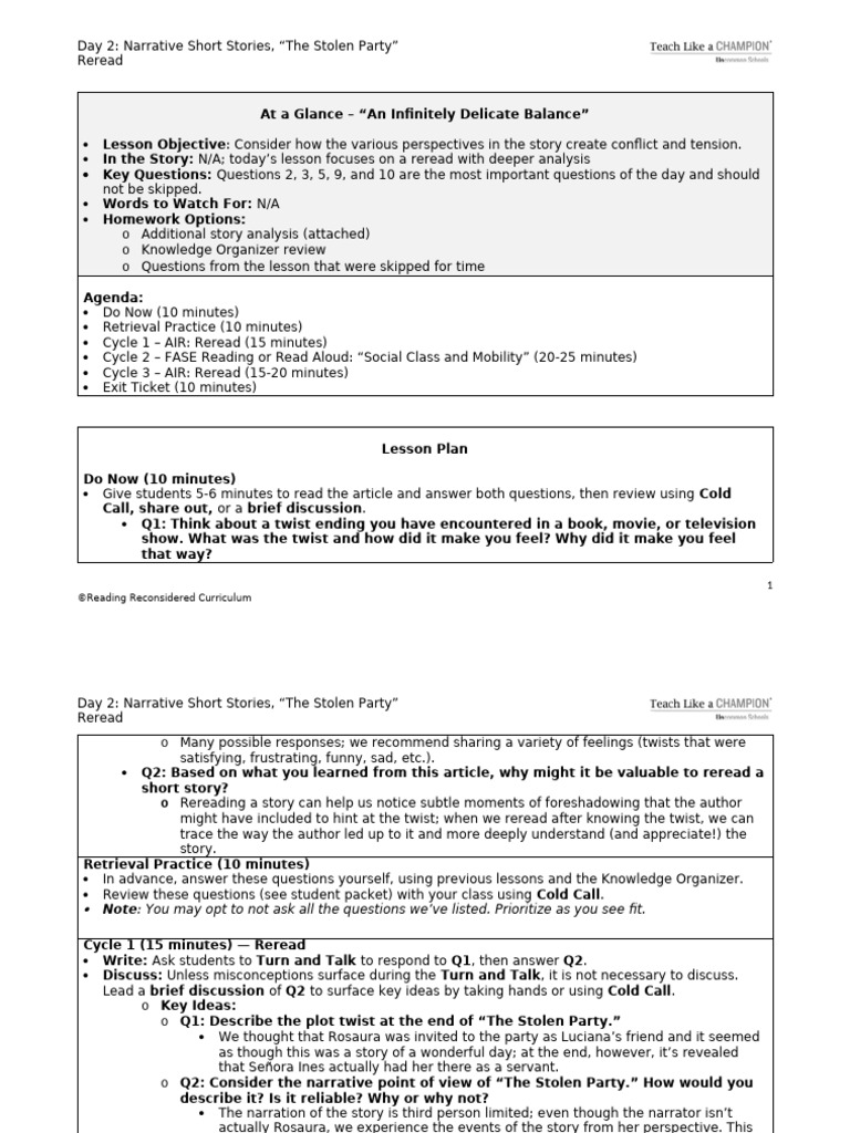 2 Short Stories Lesson Plan Stolen Party Day 2 | PDF