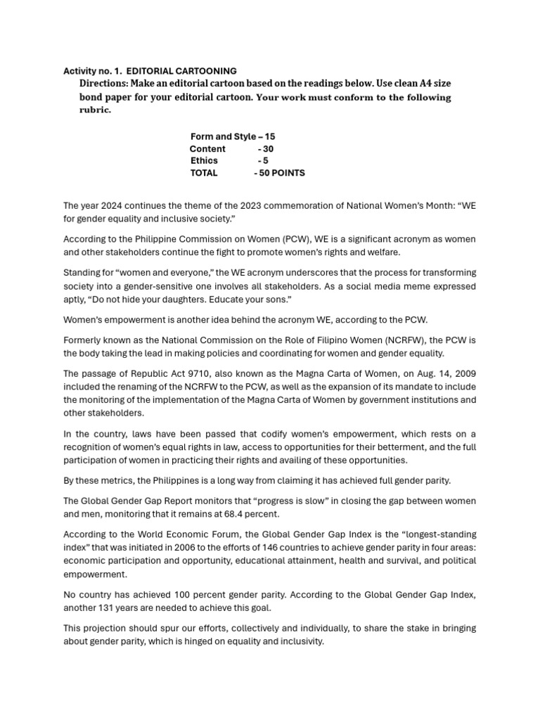 Activity-no.-1-EDITORIAL-CARTOONING Cecs | PDF | Gender Pay Gap | LGBTQIA+ Studies