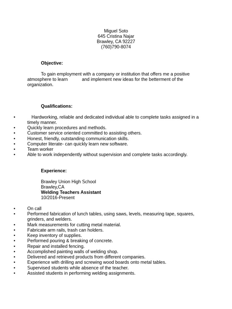 Miguel Soto's Welding Assistant Resume | PDF