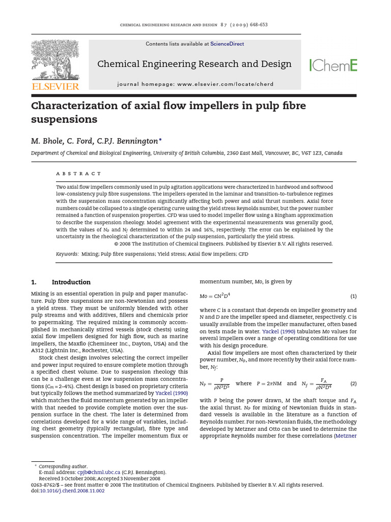Axial Flow Impellers in Pulp Mixing | PDF | Viscosity | Rheology