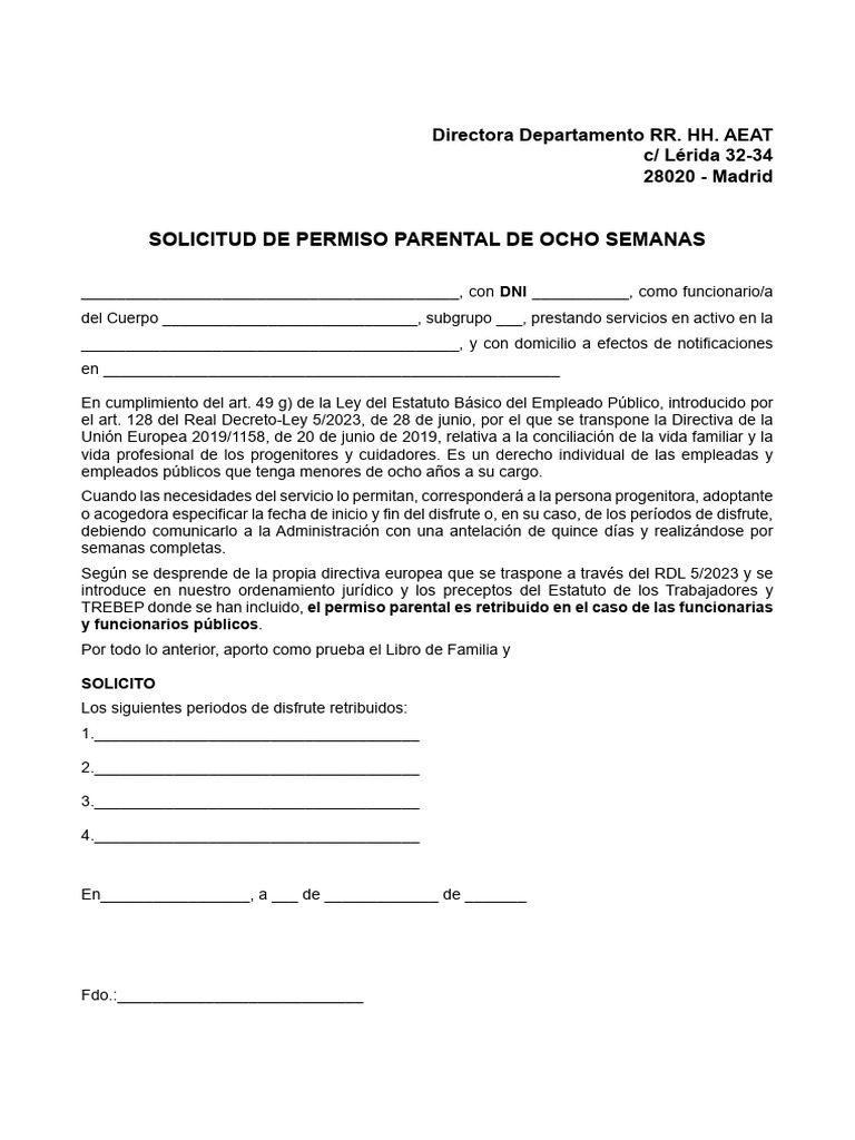 Modelo No Normalizado de Solicitud de Permiso Parental de Ocho Semanas 1722936460 | PDF