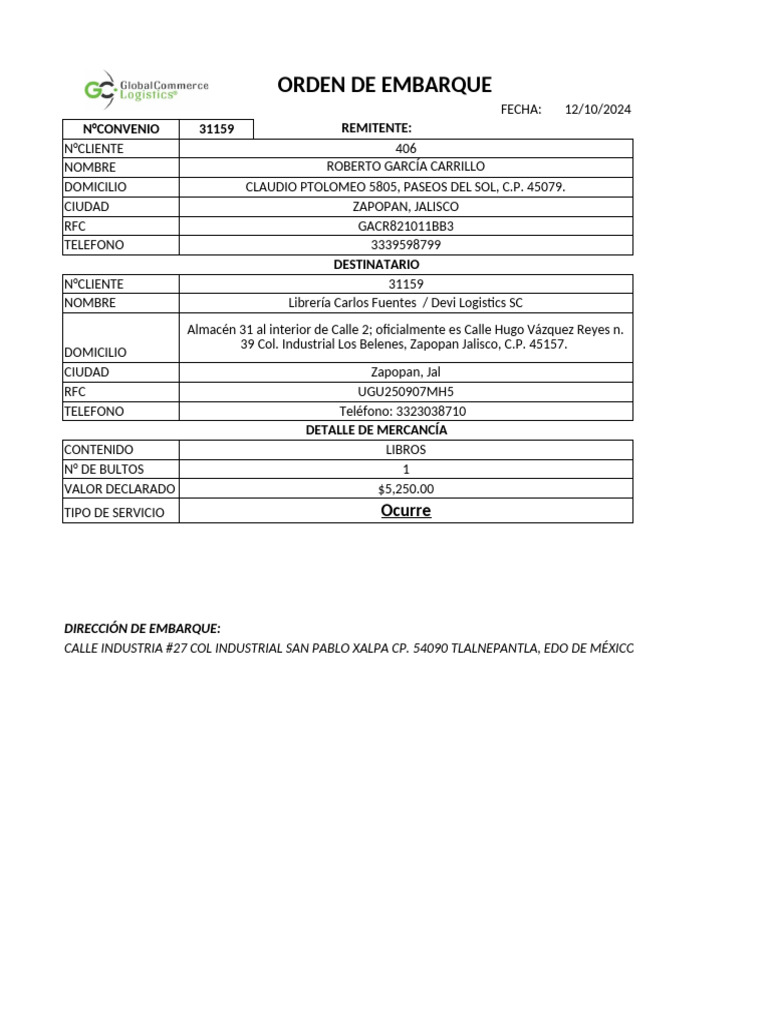 Orden de Embarque | PDF