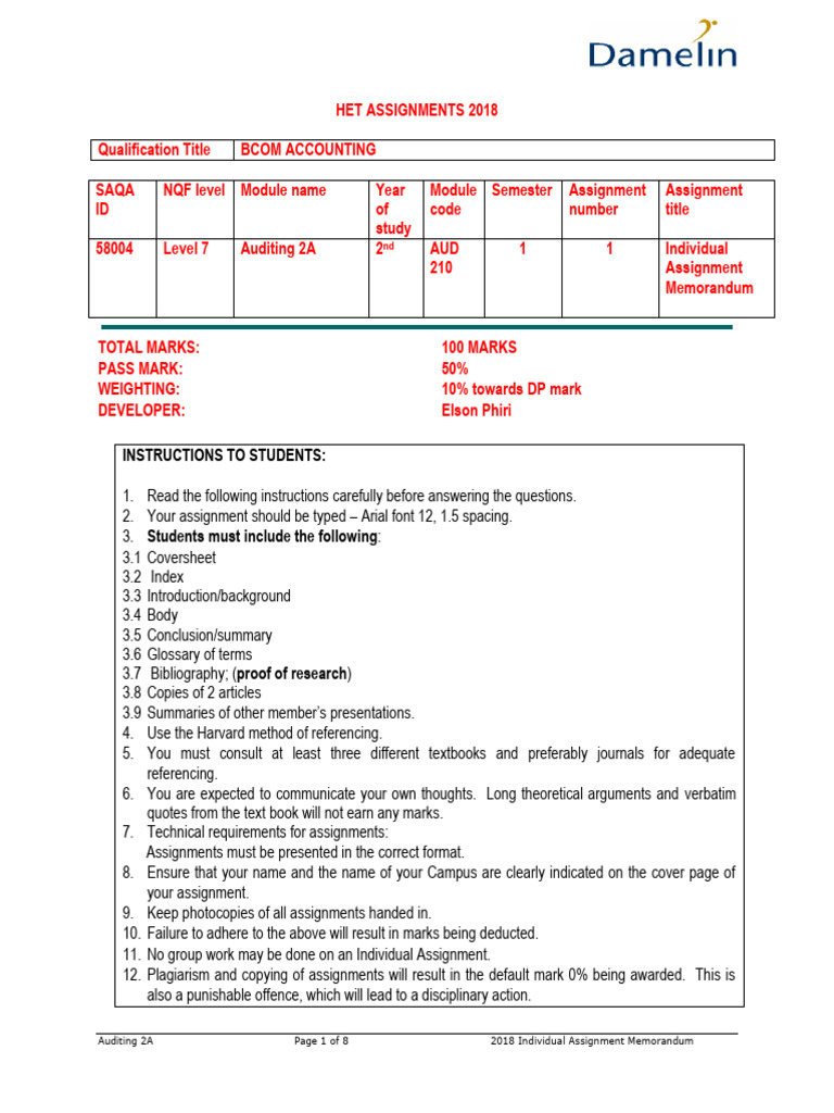 Auditing 2A Individual Assignment Memo | PDF | Plagiarism | Accounting