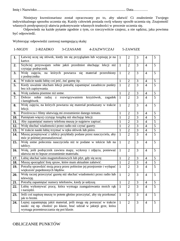 Test Na Sposób Uczenia Się | PDF