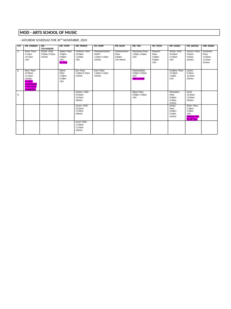 Saturday Schedule For 30th November 2024 | PDF