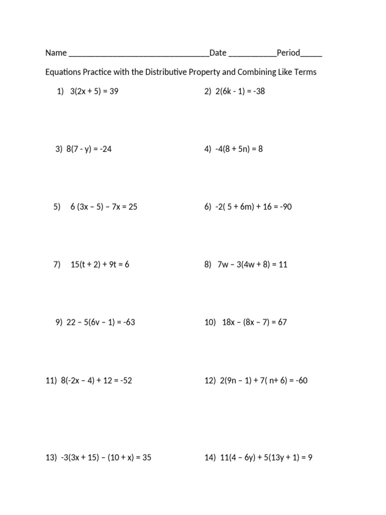 Equations Practice With Distributive Property | PDF