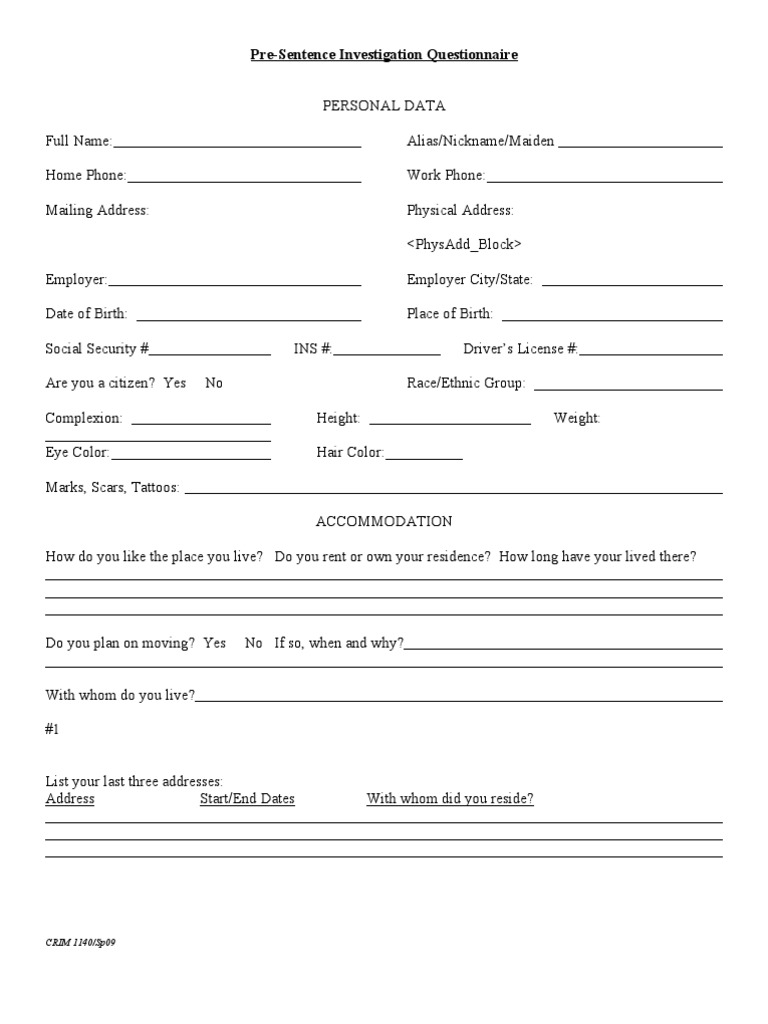 PSI Questionnaire Form | PDF | Substance Abuse | Probation