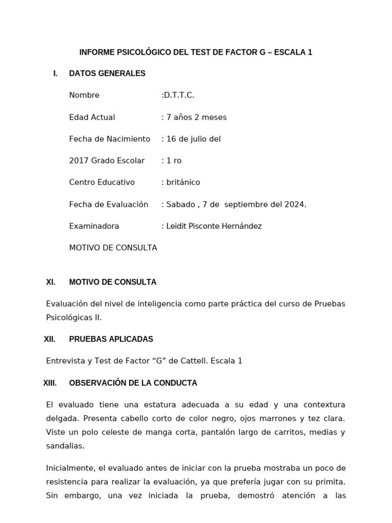 Informe Psicológico Del Test de Factor G Escala 1 | PDF | Parto