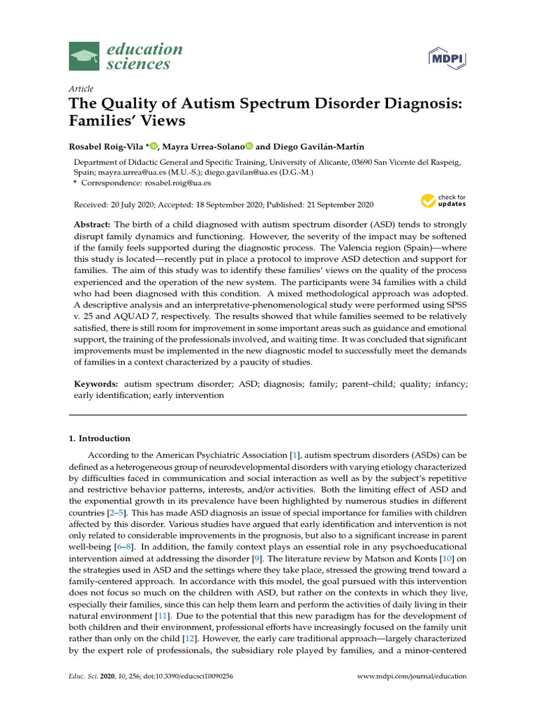 The Quality of Autism Spectrum Disorder Diagnosis Families Views 2020 ...