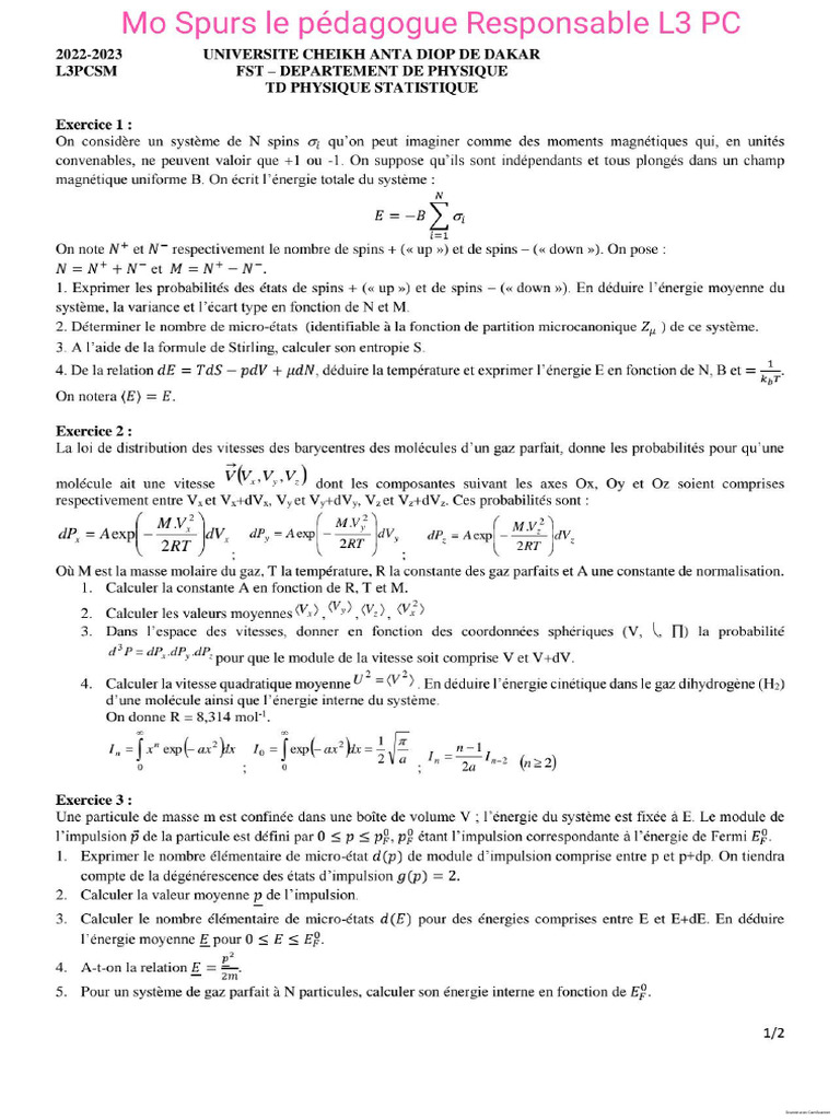 Série 1 Physique Statistique 2022-2023 | PDF