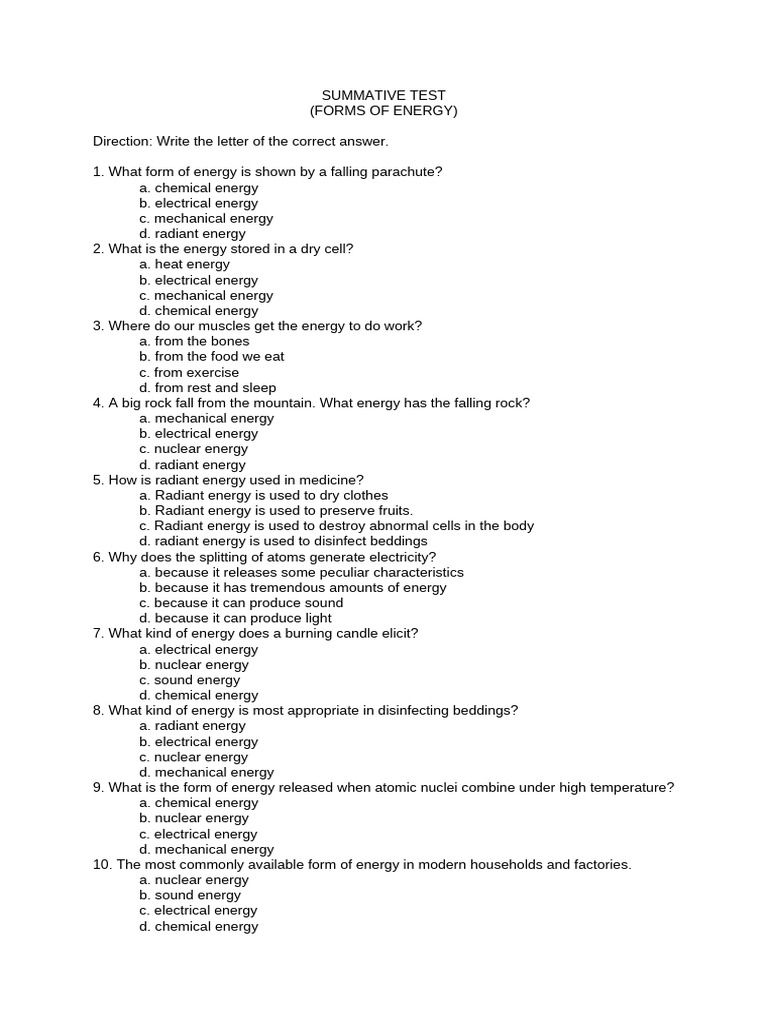 Forms of Energy: Summative Test | PDF | Electricity | Nuclear Power