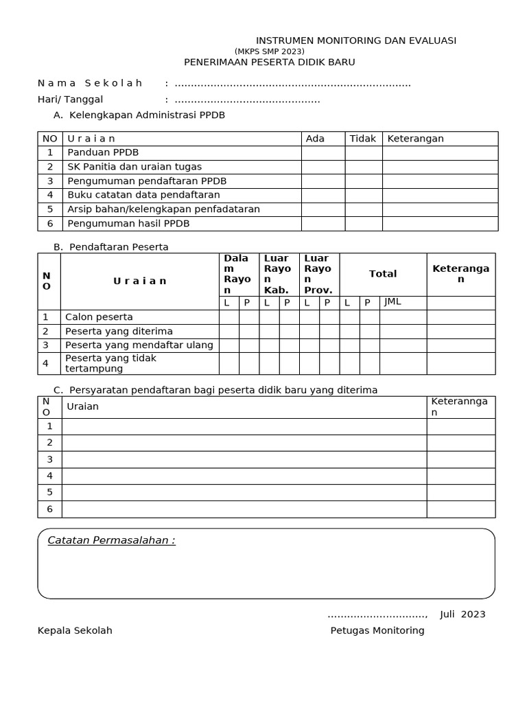 Instrumen Monitoring PPDB | PDF