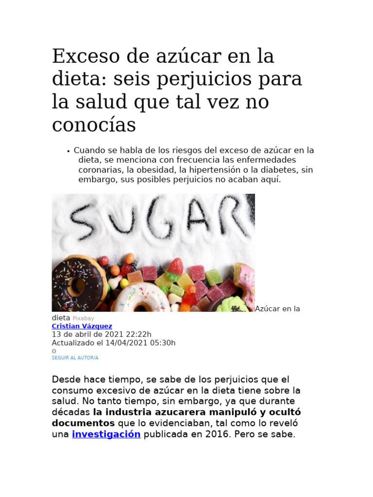 Exceso de Azúcar en La Dieta | PDF | Azúcar | Dieta y nutrición