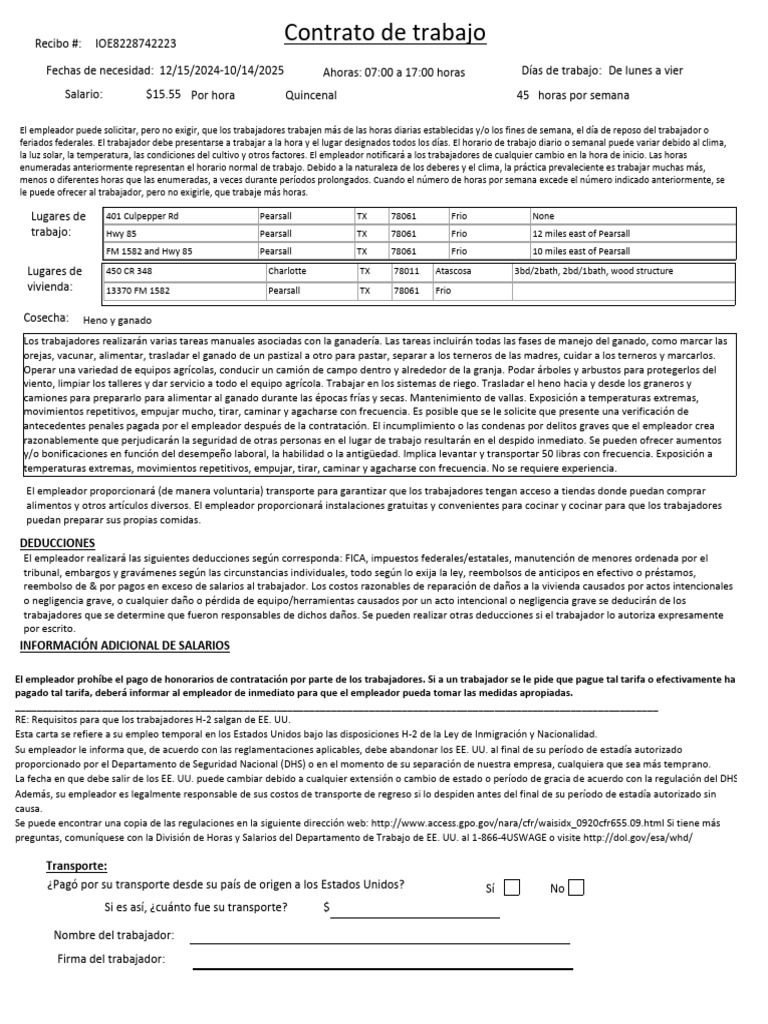 Work Contract Spanish - 2024 - GEO001-01 | PDF | Salario | Pieza de trabajo