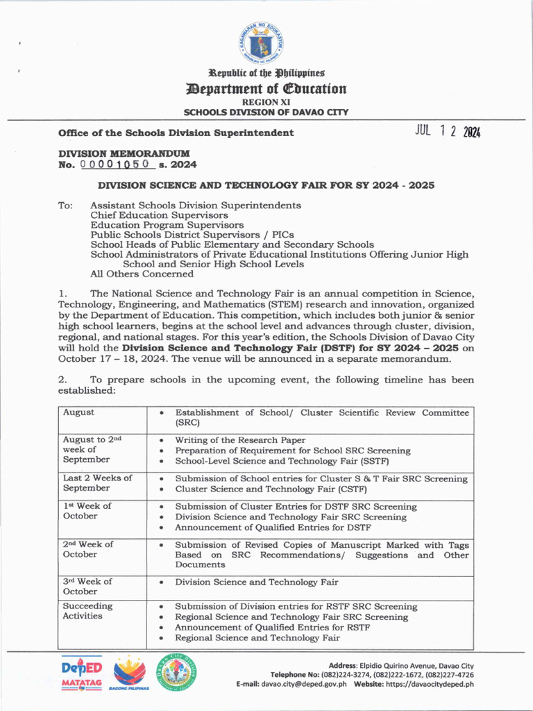 2024 DM No. 1050 DIVISION SCIENCE AND TECHNOLOGY FAIR FOR SY 2024 2025 ...