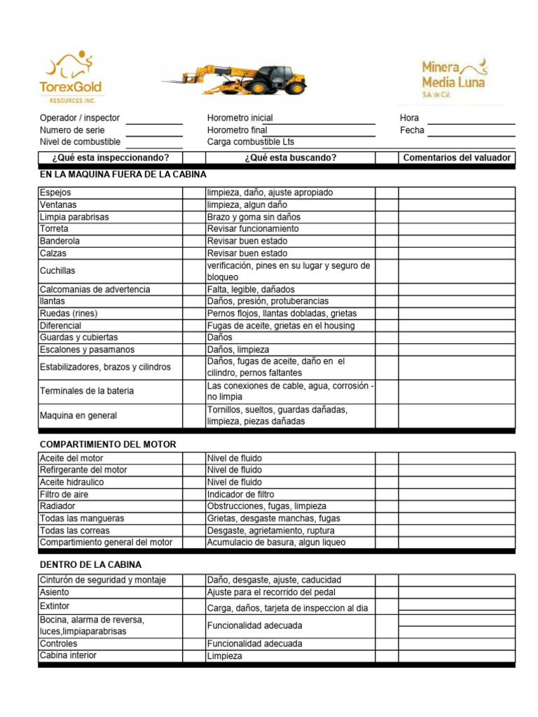 Check List Telehander | PDF | Vehículo de motor | Vehículos