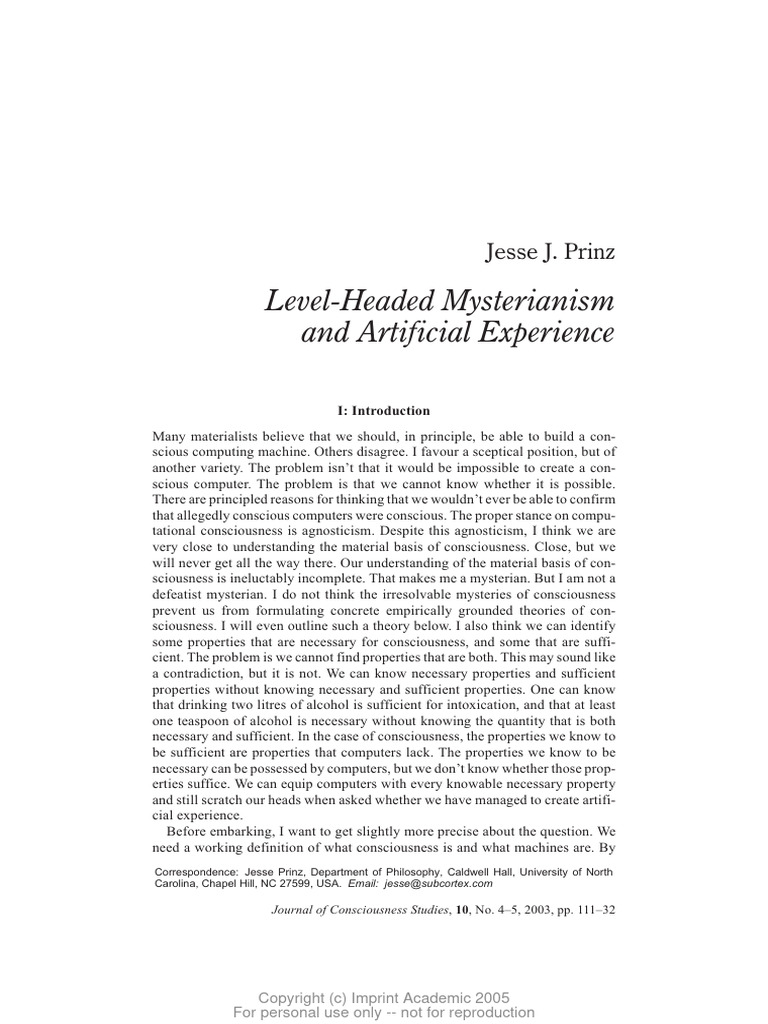 Level Headed Myterianism and Artificial | PDF | Consciousness | Attention