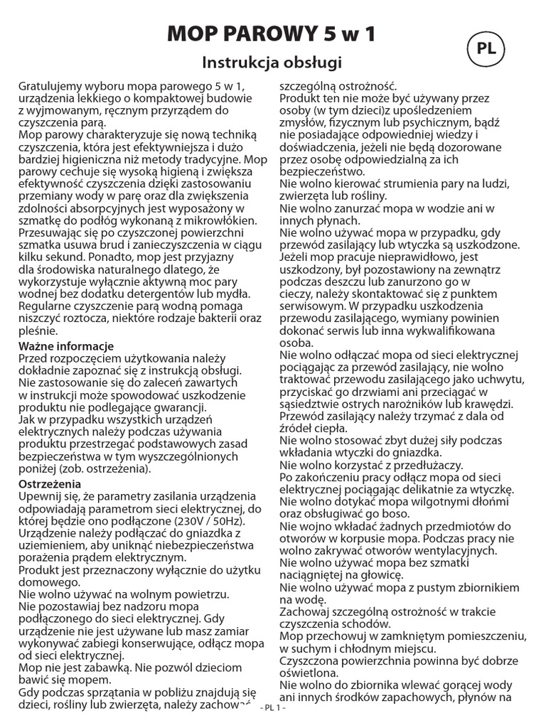 Instrukcja Obsługi Do Mopa Parowego 5w1 | PDF