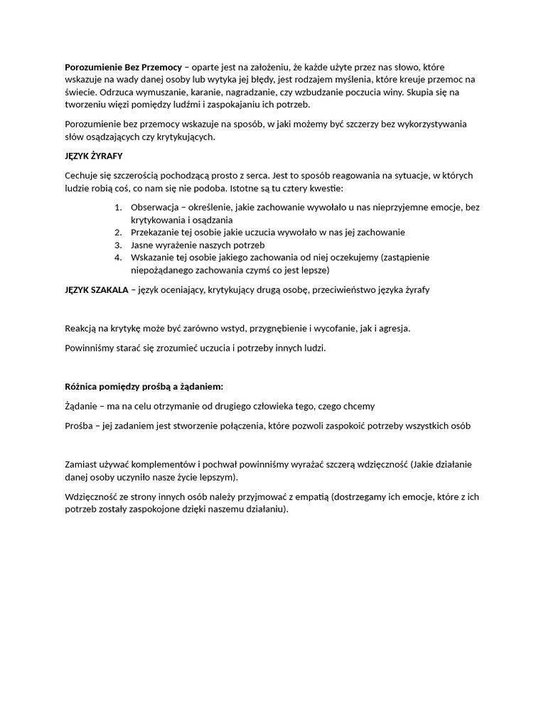 Porozumienie Bez Przemocy Notatka | PDF