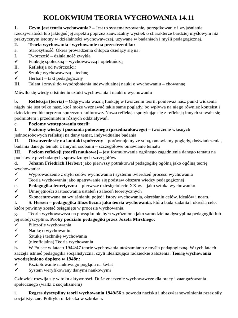 Kolokwium Teoria Wychowania 14.11 | PDF
