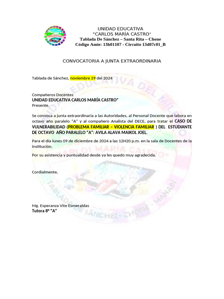 Arely Convocatoria A Junta Extraordinaria | PDF