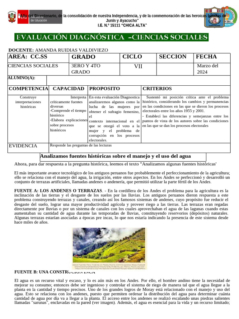 Evaluacion Diagnostica - 3ero y 4to Grado-Ciencias Sociales - 00001 | PDF | Partículas ...